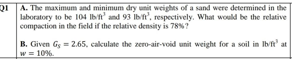 Solved Q1 A. The maximum and minimum dry unit weights of a | Chegg.com