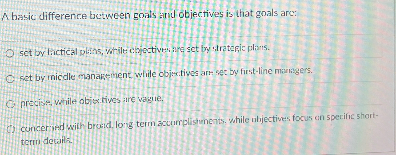 Solved A basic difference between goals and objectives is | Chegg.com