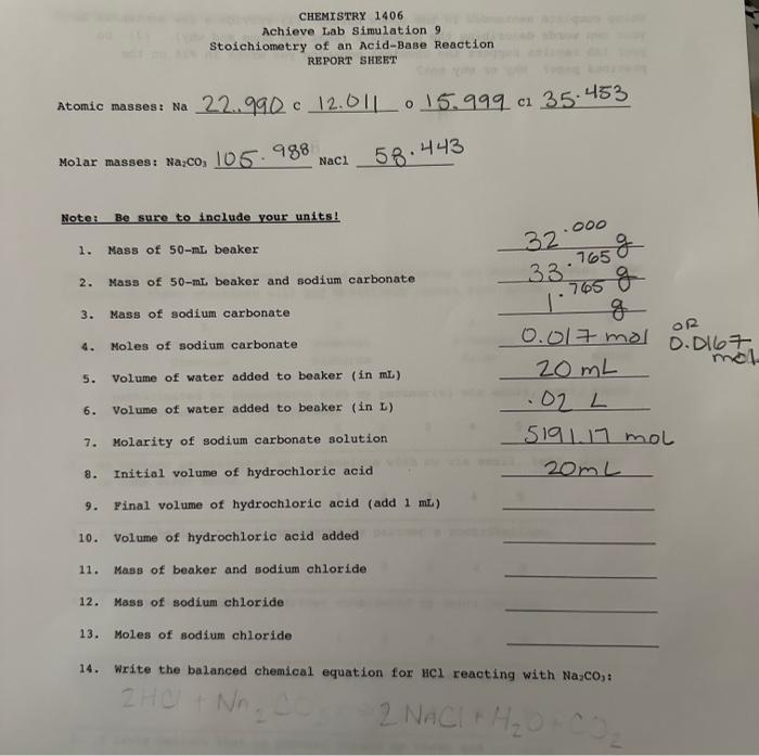 CHEMISTRY 1406 Achieve Iab simulation 9 Stoichiometry | Chegg.com