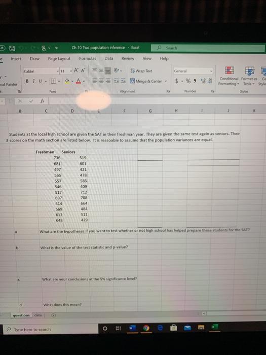Solved Ch 10 Two population inference Excel e Draw Page | Chegg.com
