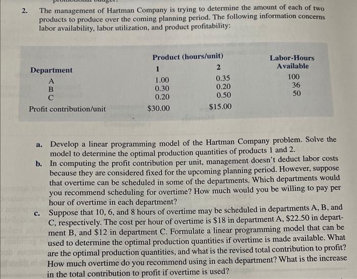 Solved 2. The management of Hartman Company is trying to | Chegg.com