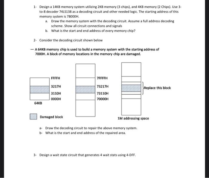 Solved 1- Design a 14KB memory system utilizing 2 KB memory | Chegg.com