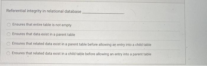 Solved Referential integrity in relational database Ensures | Chegg.com