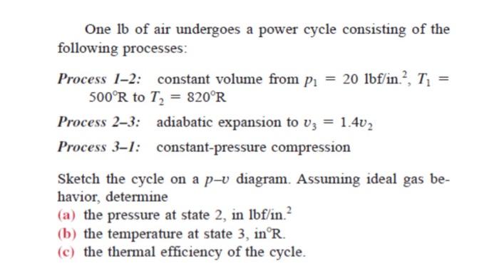 Solved One lb of air undergoes a power cycle consisting of | Chegg.com