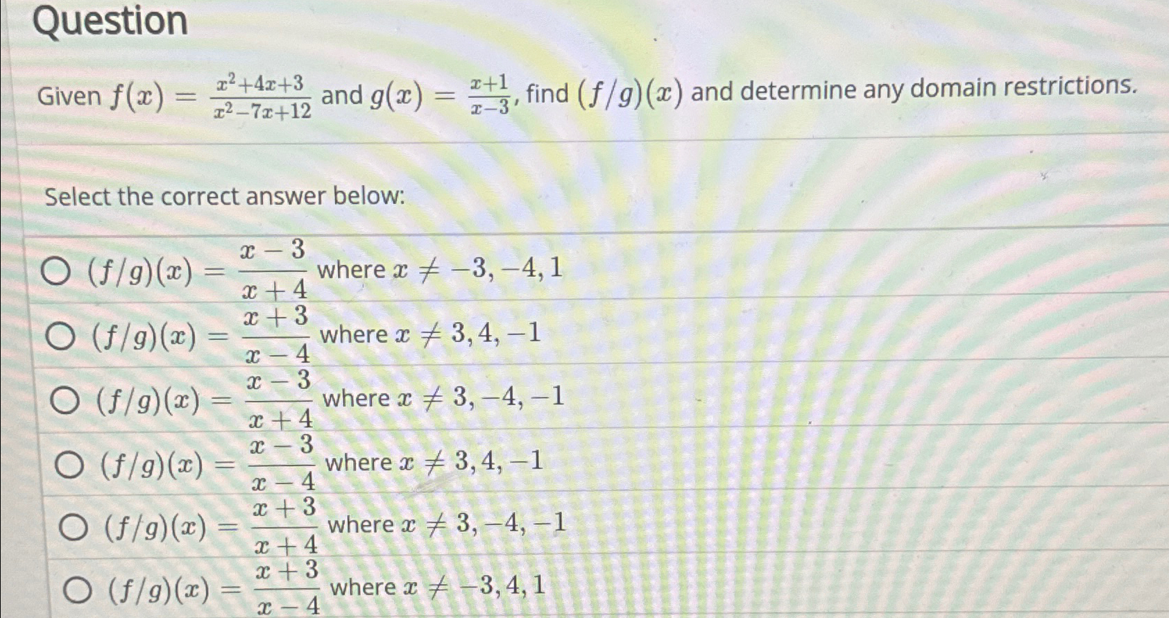 Solved QuestionGiven f(x)=x2+4x+3x2-7x+12 ﻿and g(x)=x+1x-3, | Chegg.com