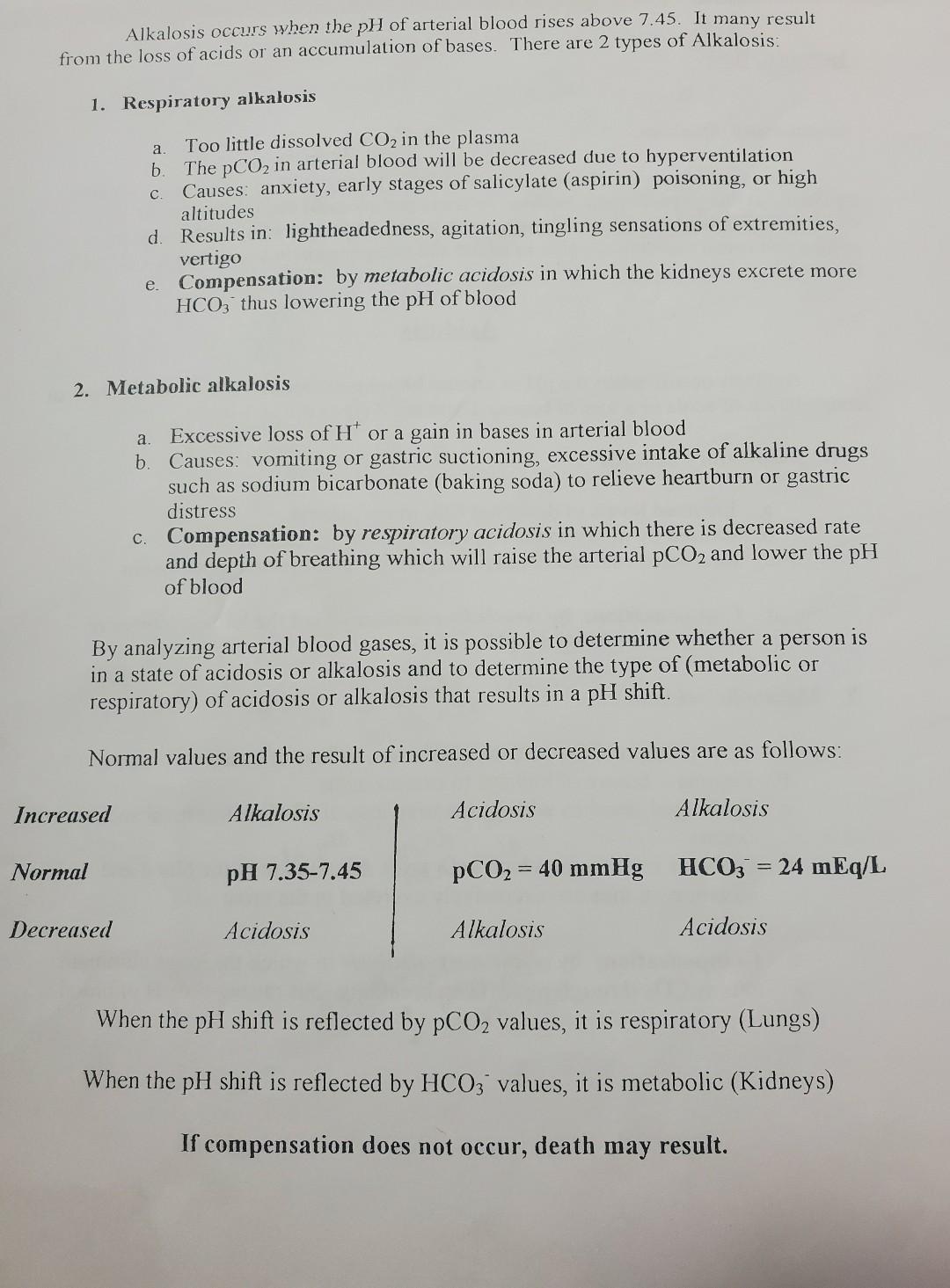 Solved Alkalosis occurs when the pH of arterial blood rises | Chegg.com