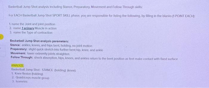 Basketball Jump Shot analysis including Stance, | Chegg.com