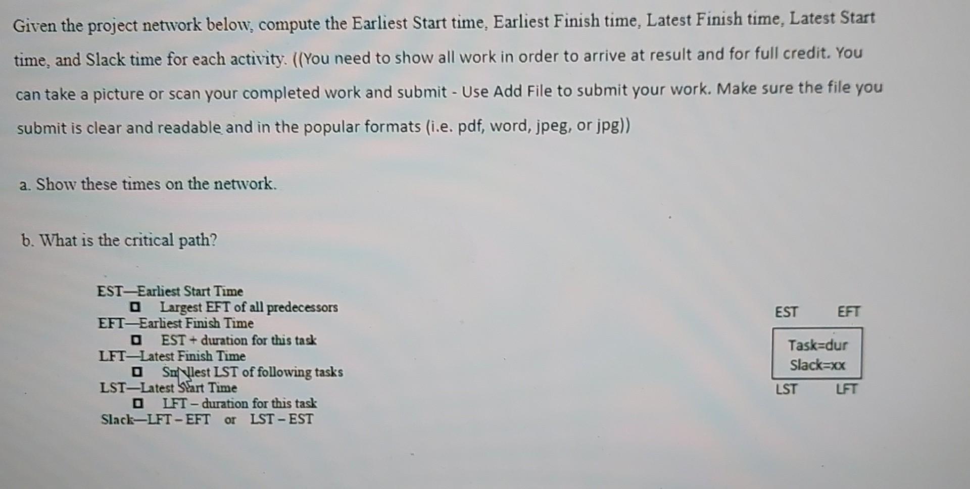 Solved Given the project network below, compute the Earliest | Chegg.com