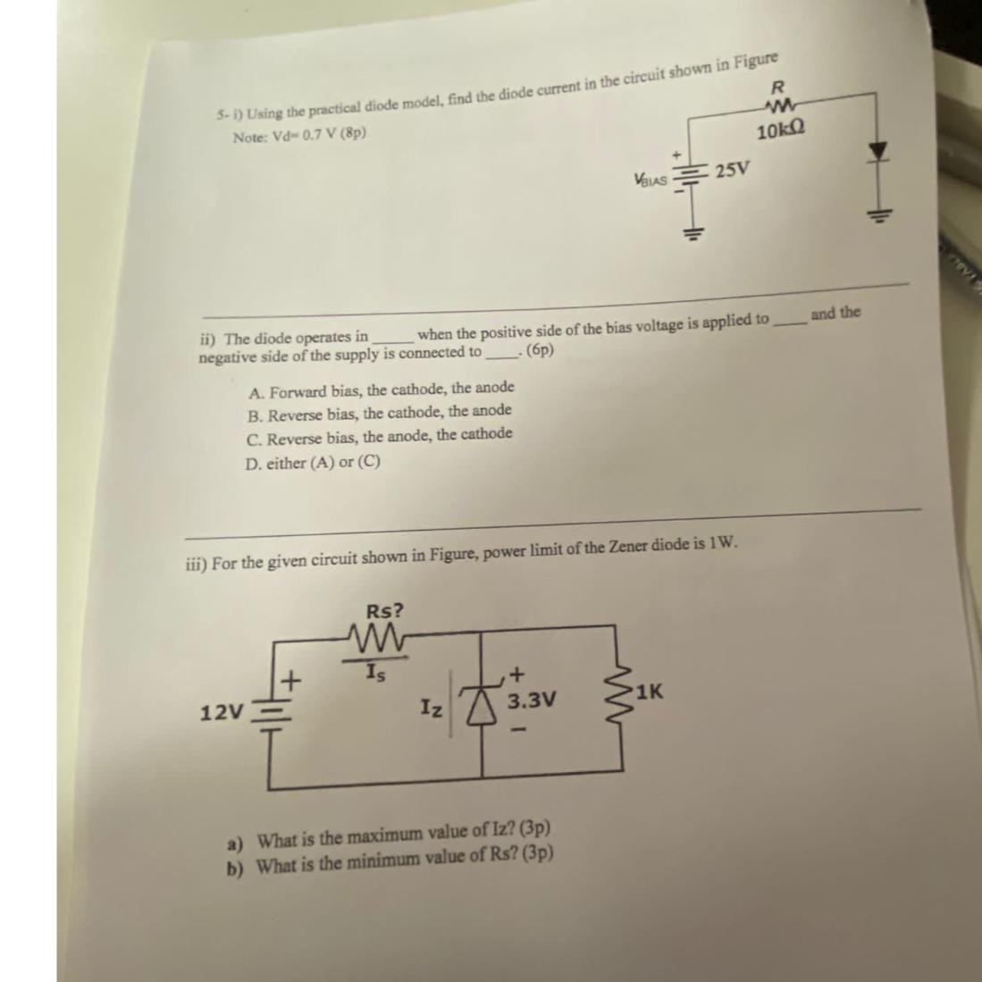 Solved 5-i) ﻿Using the practical diode model, find the diode | Chegg.com