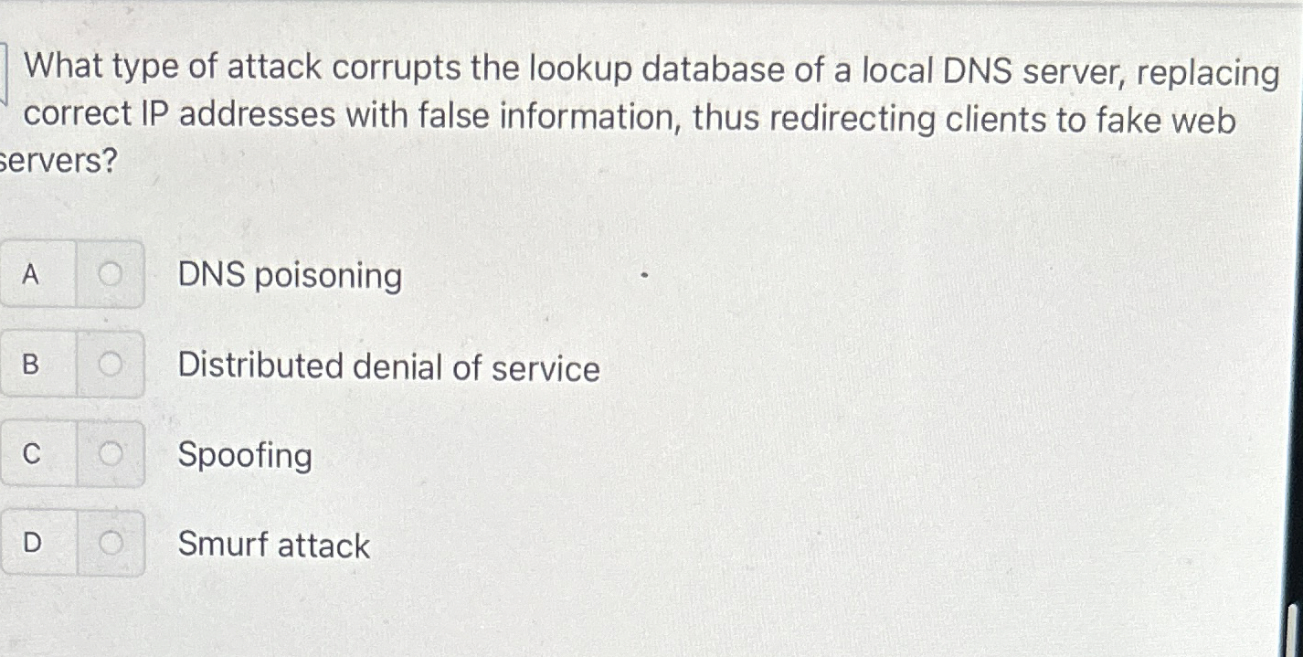 Solved What type of attack corrupts the lookup database of a | Chegg.com