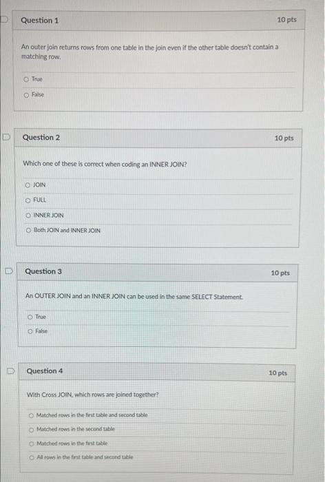 Solved D D Question 1 10 Pts An Outer Join Returns Rows From