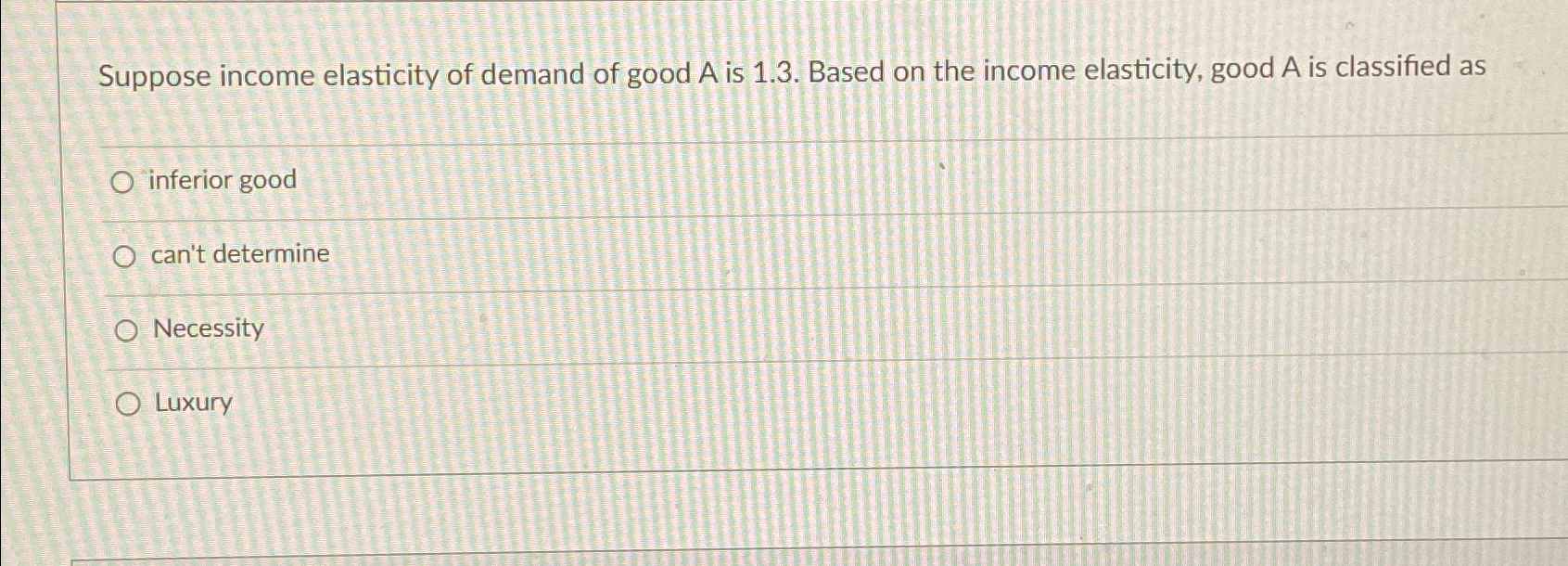 Solved Suppose income elasticity of demand of good A is 1.3. | Chegg.com