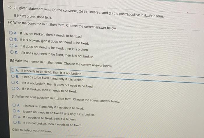 Solved For the given statement write (a) the converse, (b) | Chegg.com