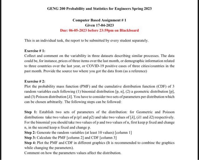 Solved GENG 200 Probability and Statistics for Engineers | Chegg.com