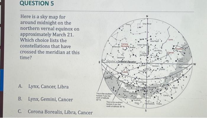 Solved Here is a sky map for around midnight on the northern | Chegg.com