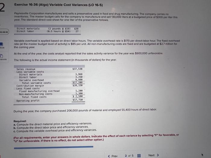 Solved Exercise 16−36 (Algo) Variable Cost Variances (LO | Chegg.com