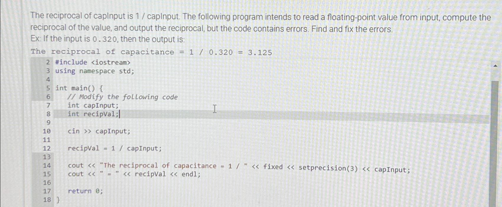 Solved The reciprocal of caplnput is 1 / ﻿caplnput. The | Chegg.com