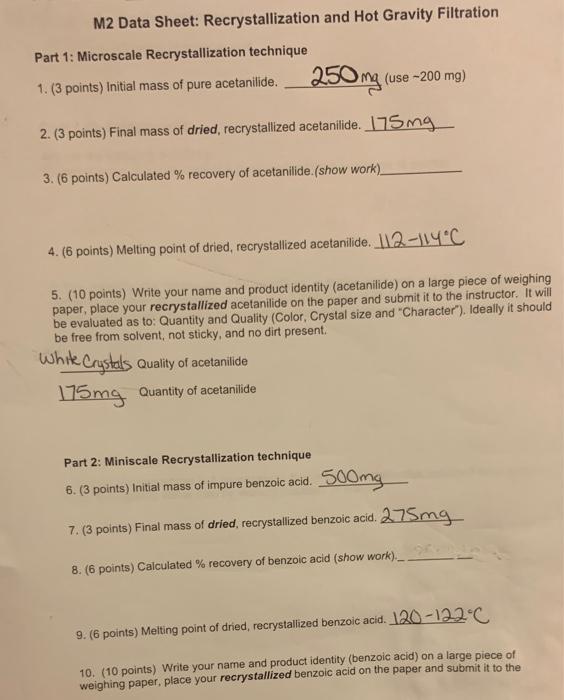 Solved M2 Data Sheet: Recrystallization and Hot Gravity | Chegg.com