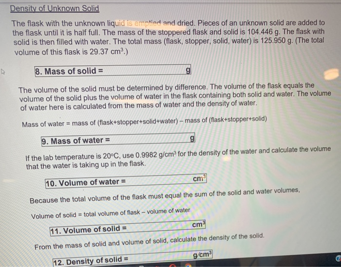 Density of Unknown Solid The flask with the unknown | Chegg.com