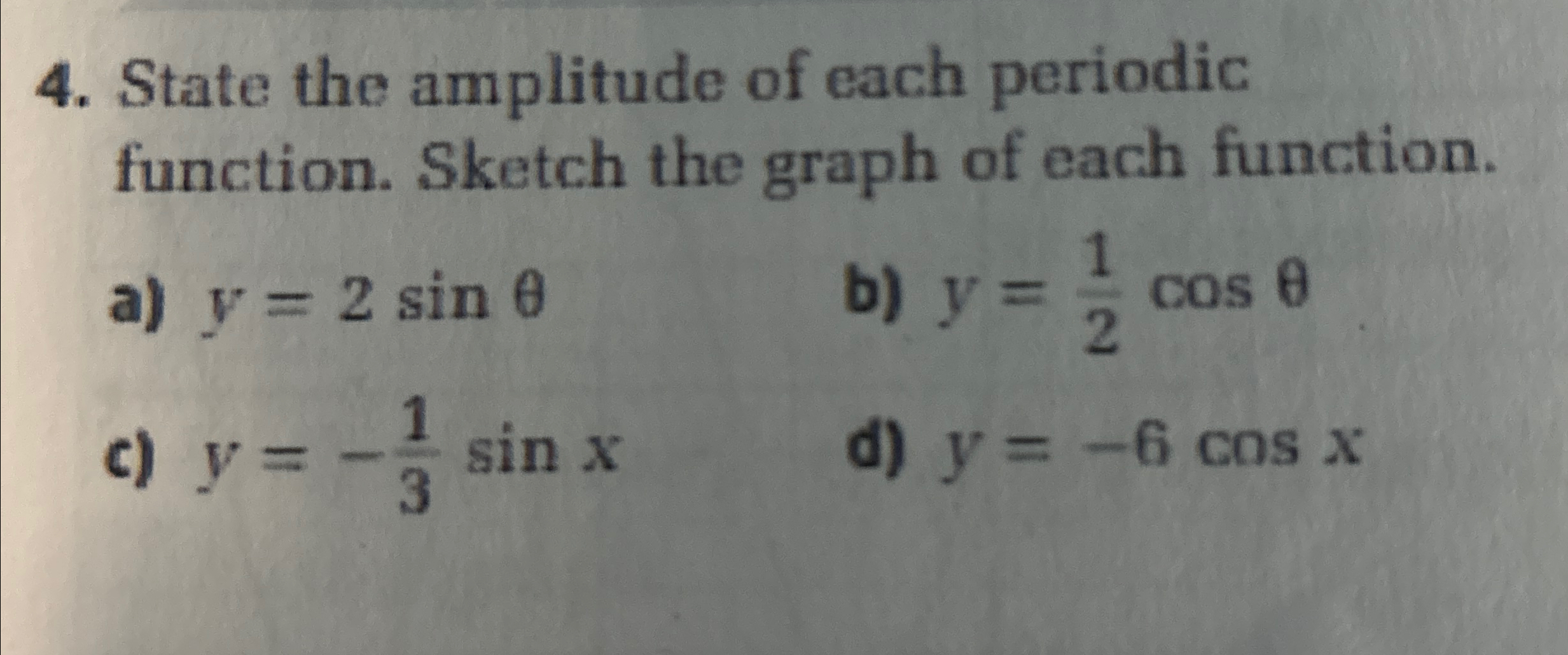 Solved State the amplitude of each periodic function. Sketch | Chegg.com