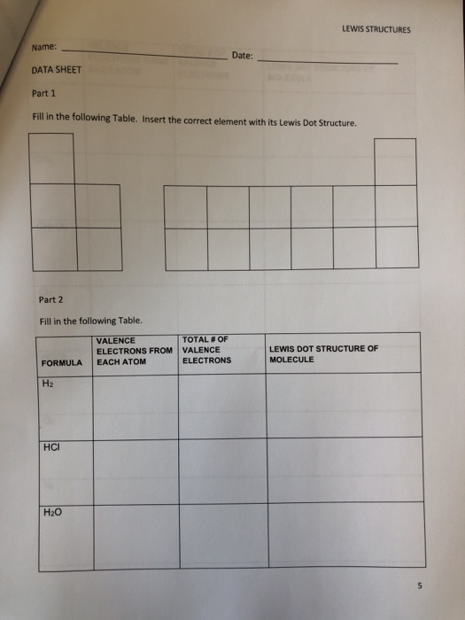 Solved LEWIS STRUCTURES Name: Date: DATA SHEET Part 1 Fill | Chegg.com