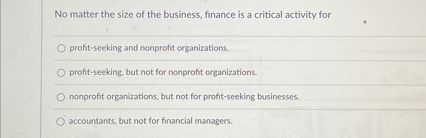 Solved No matter the size of the business, finance is a | Chegg.com