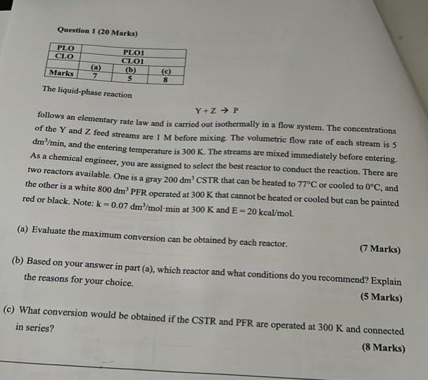 Solved Question 1 20 Marks The Liquid Phase Reaction Y Z→p