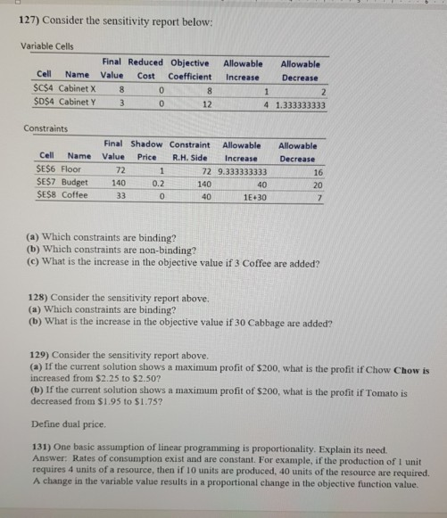 Solved 127) Consider the sensitivity report below: Variable | Chegg.com Solved 127) Consider the sensitivity report below: Variable | Chegg.com