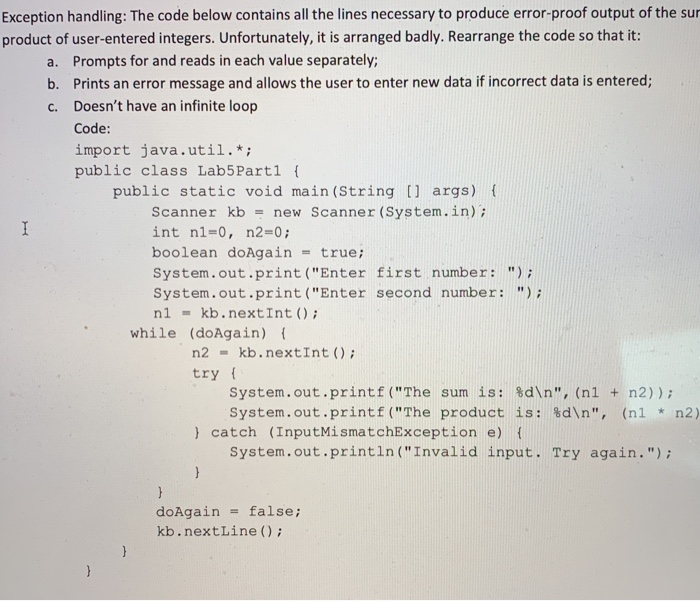 Solved Exception handling: The code below contains all the | Chegg.com