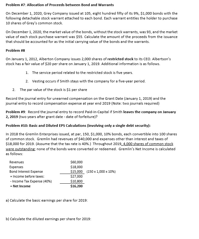 Solved Problem #7: Allocation of Proceeds between Bond and | Chegg.com