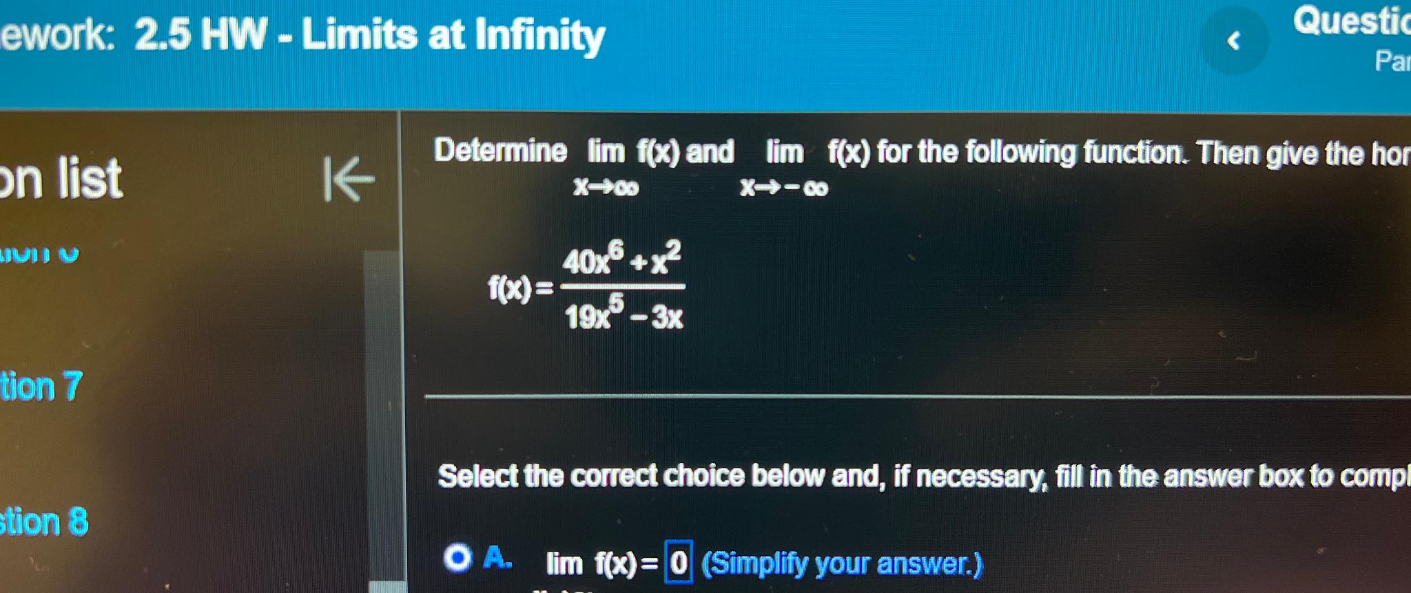 Solved Ework 2 5hw ﻿limits At Infinityquesticdetermine