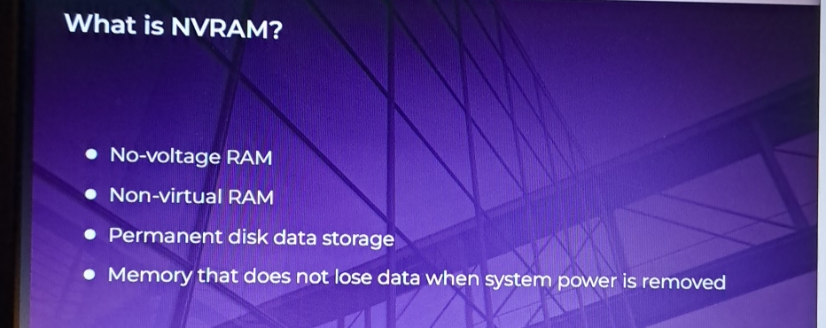 Solved What is NVRAM?No-voltage RAMNon-virtual RAMPermanent | Chegg.com