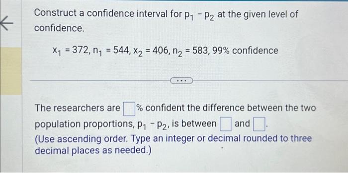 Solved Construct a confidence interval for p1−p2 at the | Chegg.com