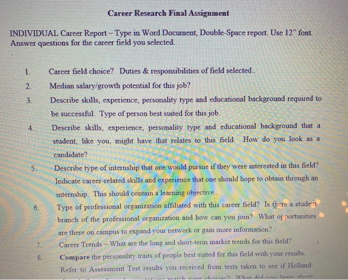 Solved Career Research Final Assignment INDIVIDUAL Career | Chegg.com