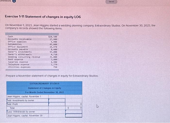 Solved Exercise 1-11 Statement of changes in equity LO6 On | Chegg.com