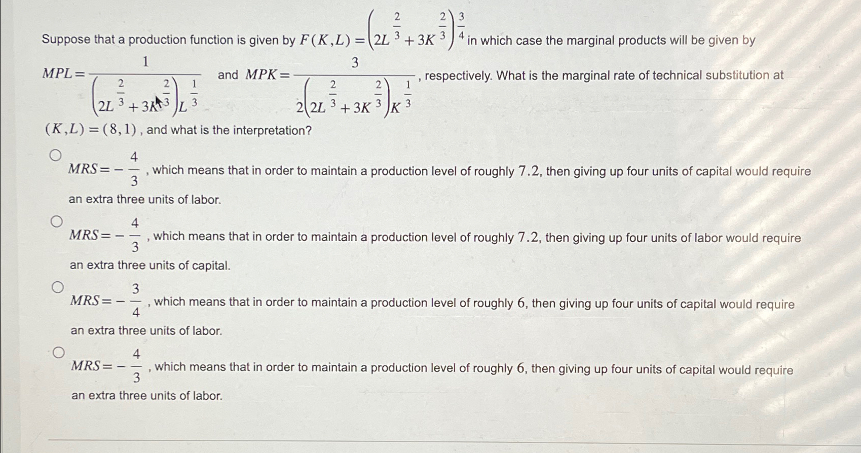 Solved Suppose that a production function is given by | Chegg.com