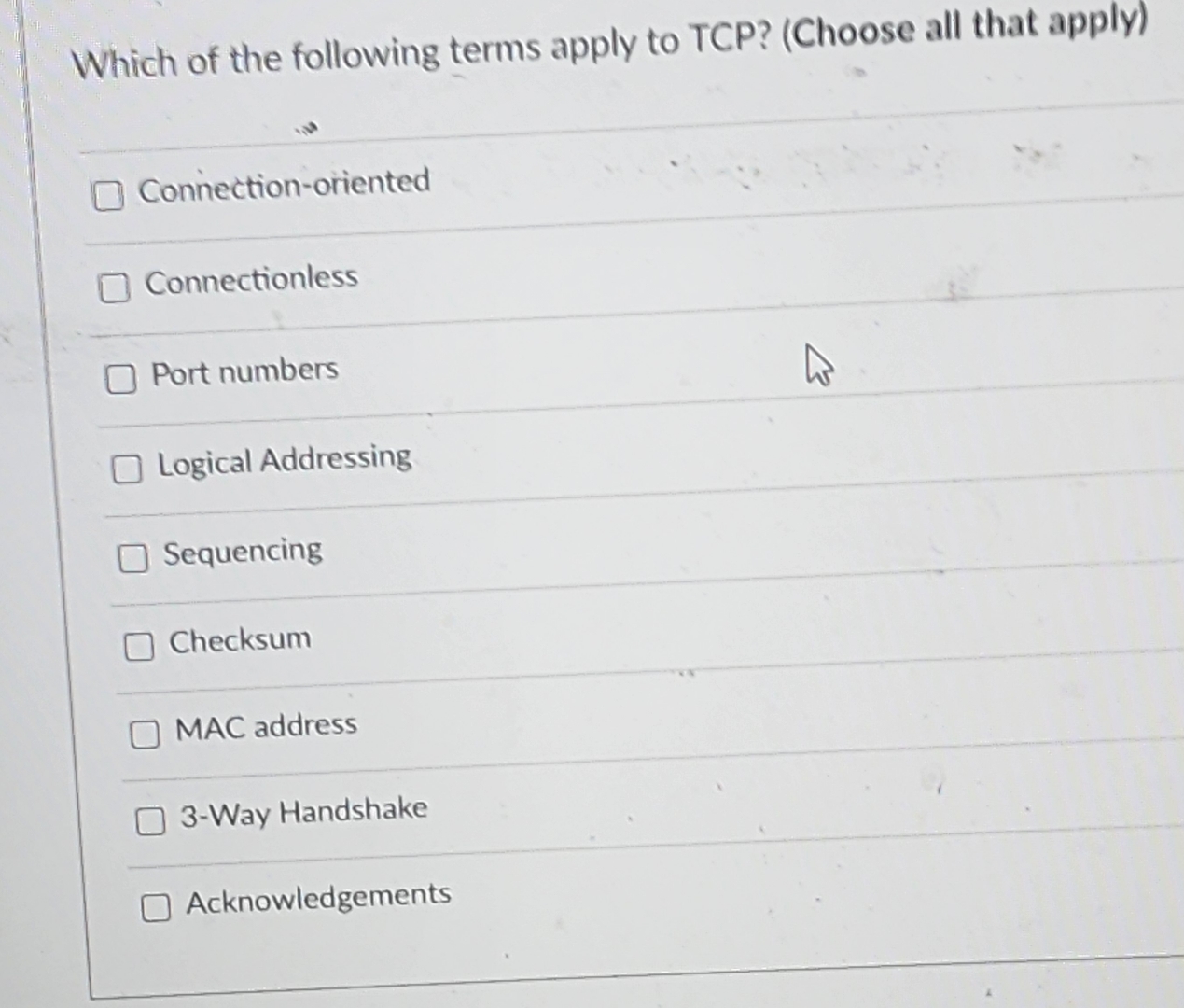Solved Which of the following terms apply to TCP? (Choose | Chegg.com