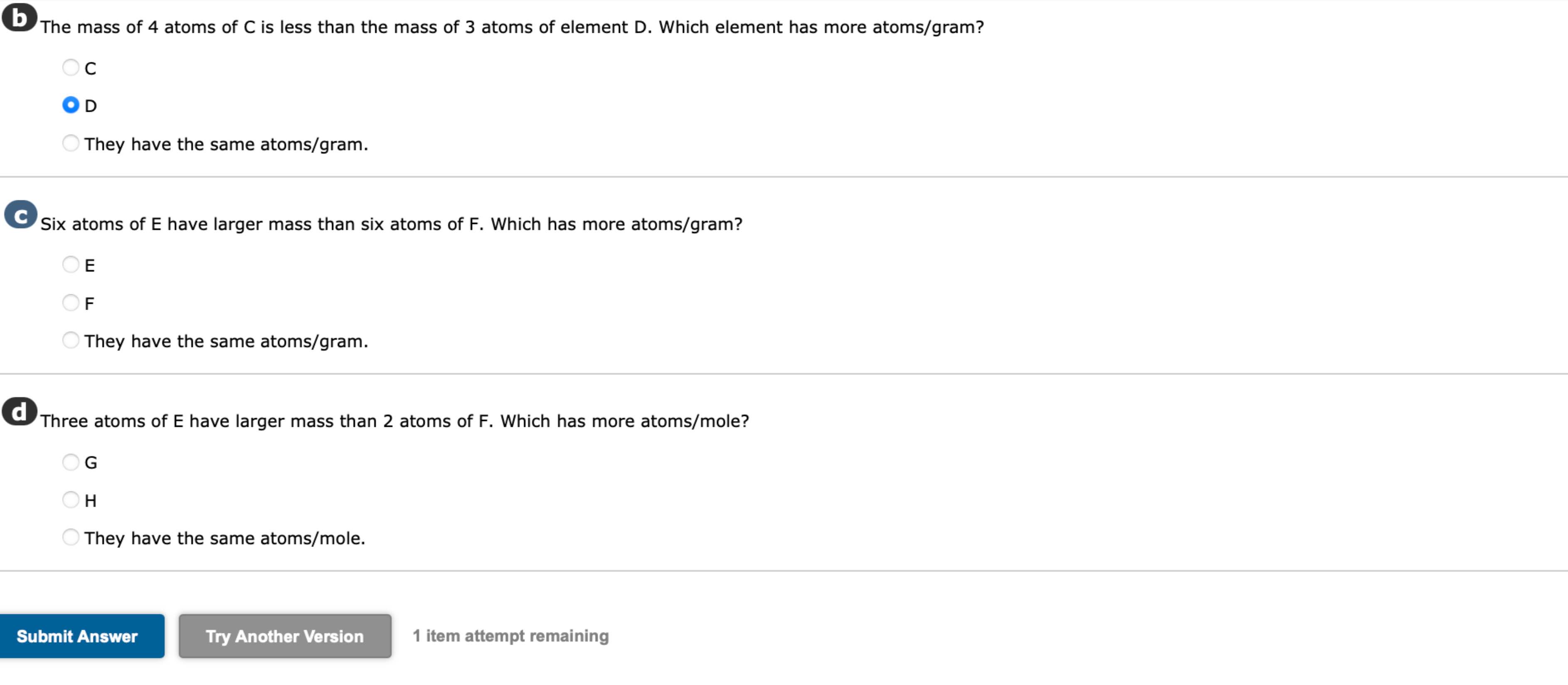 Solved b The mass of 4 ﻿atoms of C ﻿is less than the mass of | Chegg.com