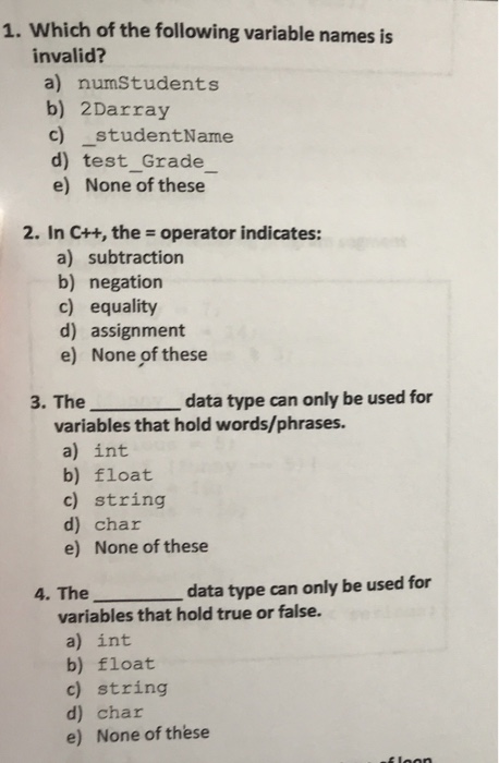 Solved 1. Which of the following variable names is invalid? | Chegg.com