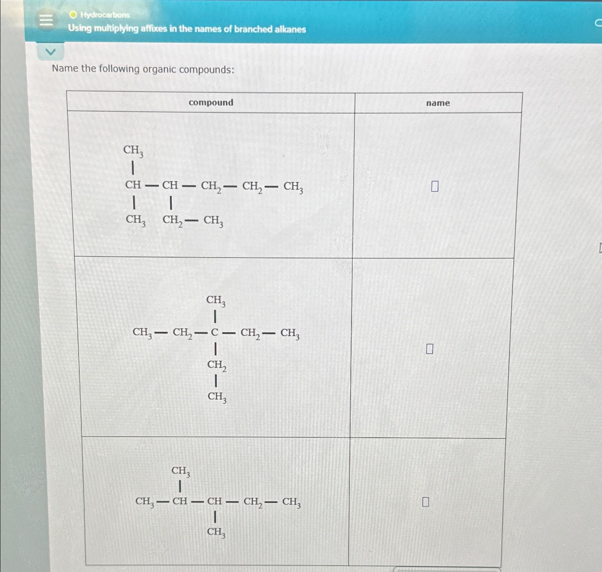 Solved HydrocarbonsUsing multiplying afixes in the names of | Chegg.com
