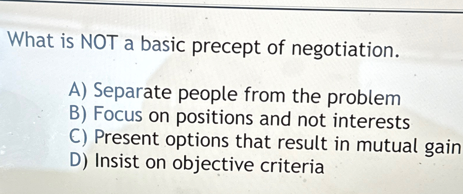 Solved What is NOT a basic precept of negotiation.A) | Chegg.com