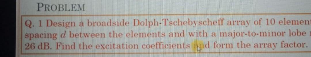Solved PROBLEM Q. 1 Design a broadside Dolph-Tschebyscheff | Chegg.com