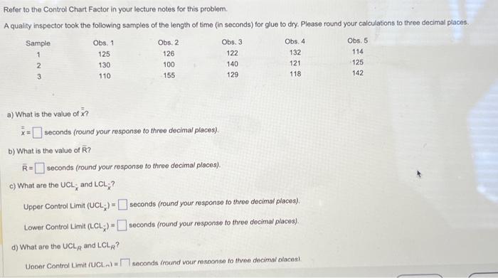 Solved Refer to the Control Chart Factor in your lecture | Chegg.com