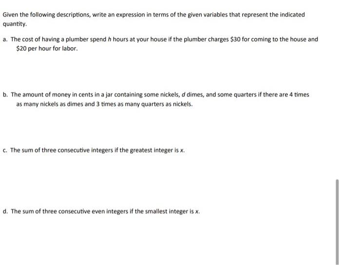 Solved Given the following descriptions, write an expression | Chegg.com