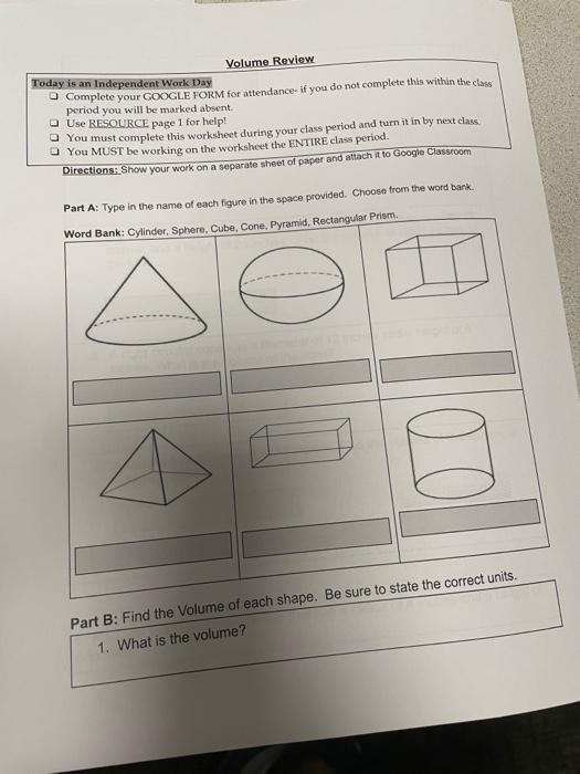 Solved Volume Review Today is an Independent Work Day | Chegg.com