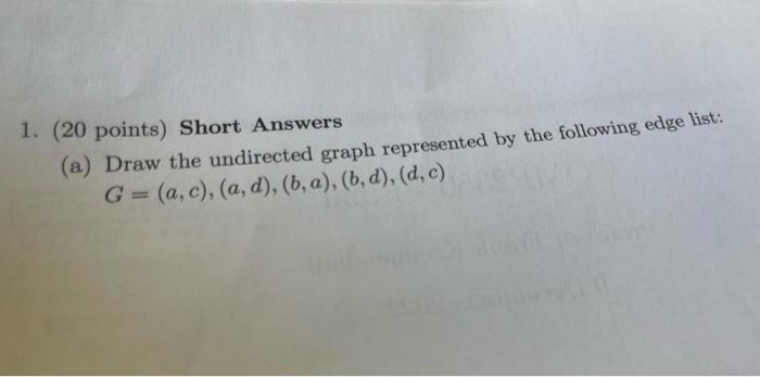 1. (20 points) Short Answers (a) Draw the undirected | Chegg.com