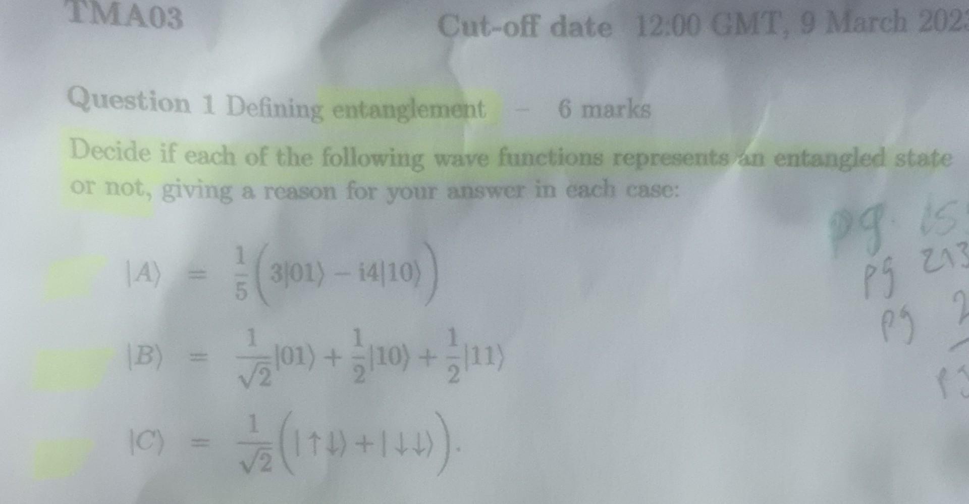Solved Question 1 Defining entanglement - 6 marks Decide if | Chegg.com