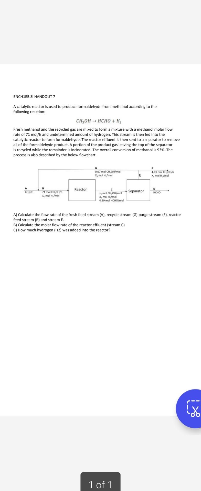 Solved ENCH1EB SI HANDOUT 7 A catalytic reactor is used to | Chegg.com