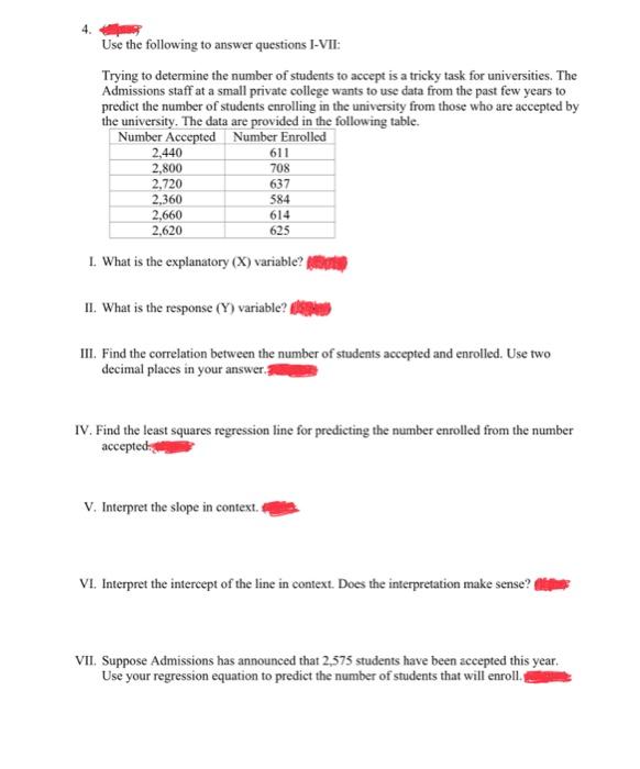 Solved 4. Use the following to answer questions I-VII: | Chegg.com