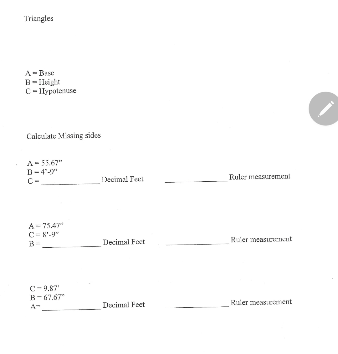 Solved TrianglesA= ﻿Base B= ﻿Height C= ﻿Hypotenuse Calculate | Chegg.com